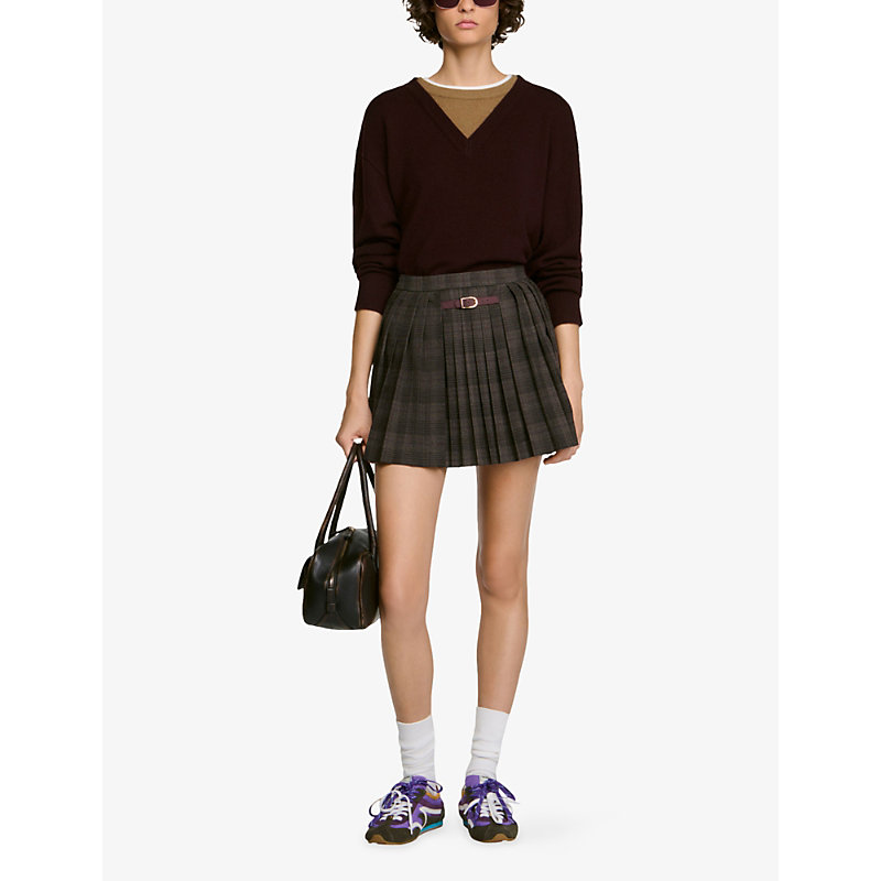 SANDRO Sandro Checked Pleated Woven Mini Skirt